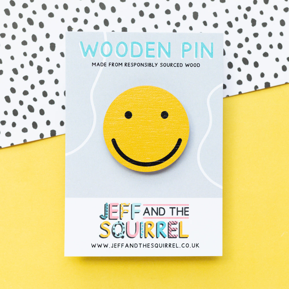 Smiley Face Wooden Pin Badge – Jeff and the Squirrel